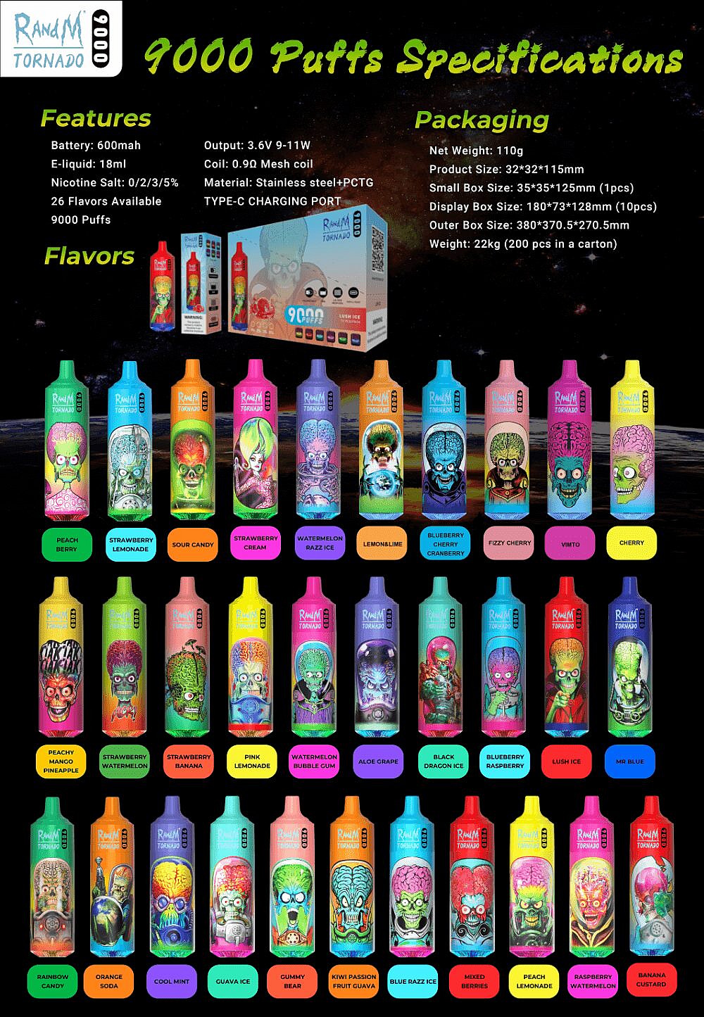 RandM Tornado 9000 9k Puffs Disposable Vape 2% 5% Nicotine 43 Tastes ...
