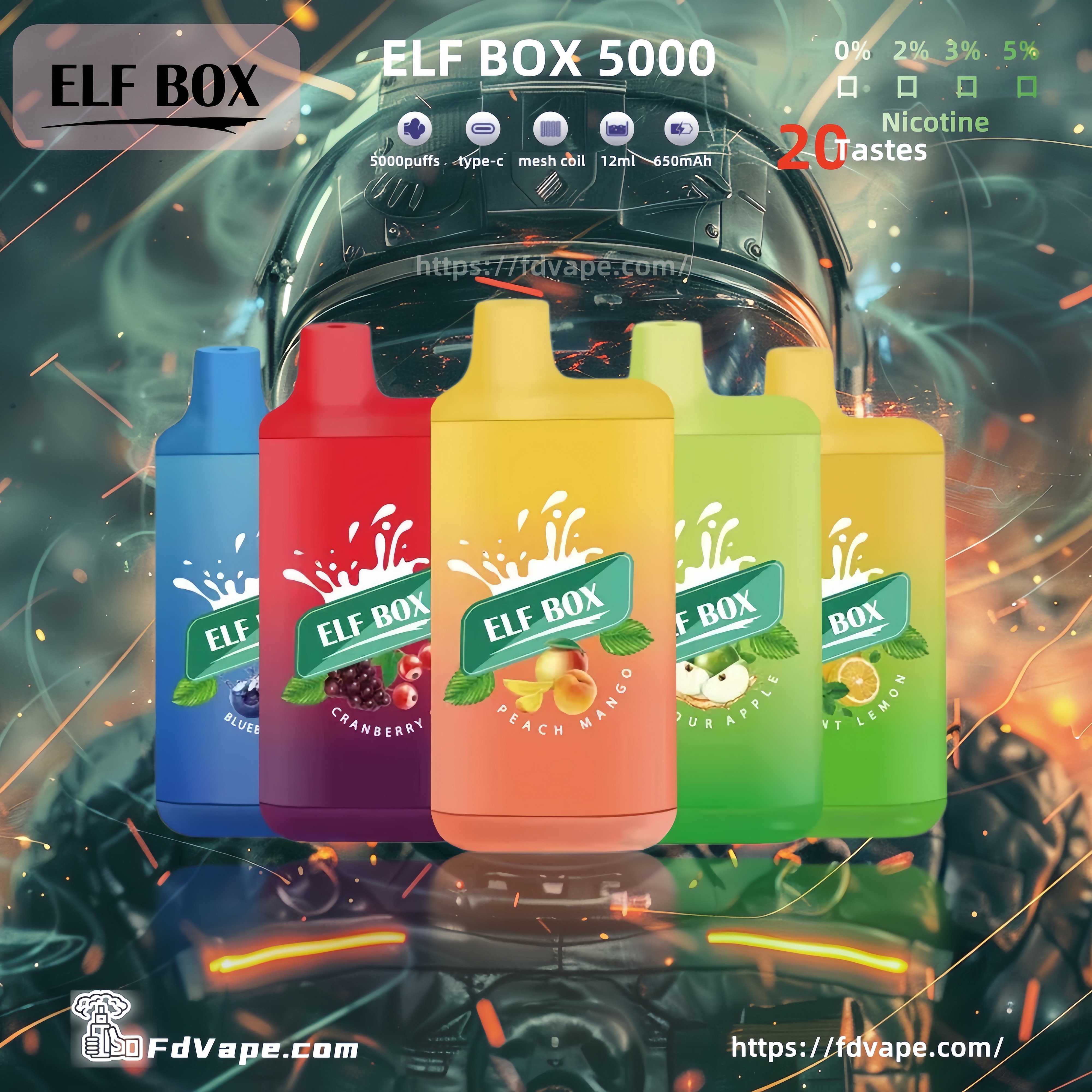 ELF BOX 5000 Puffs Disposable Vape 0% 2% 3% 5% Nicotine 20 Tastes ...