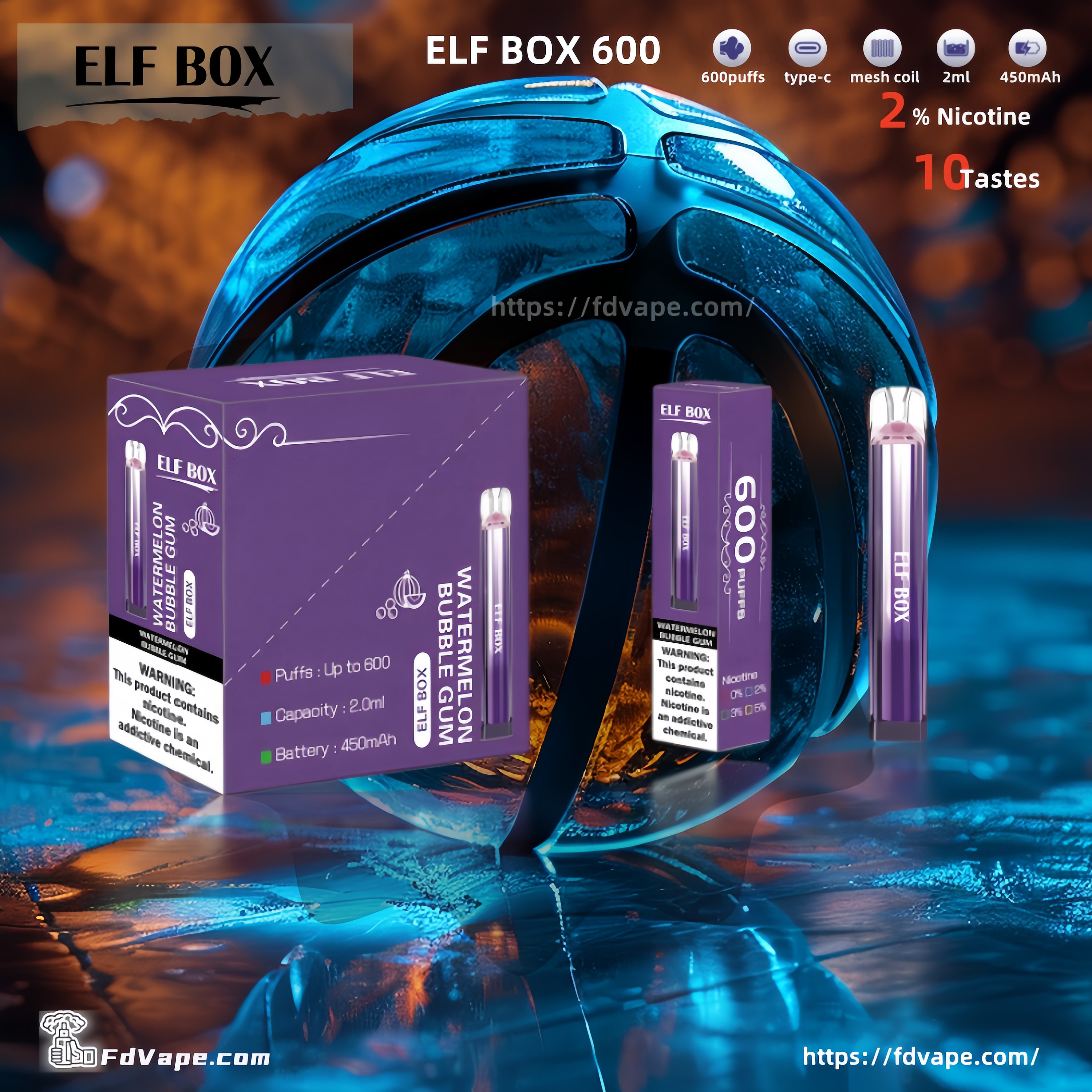 ELF BOX 600 Puffs Disposable Vape 2% Nicotine 10 Tastes Rechargeable ...
