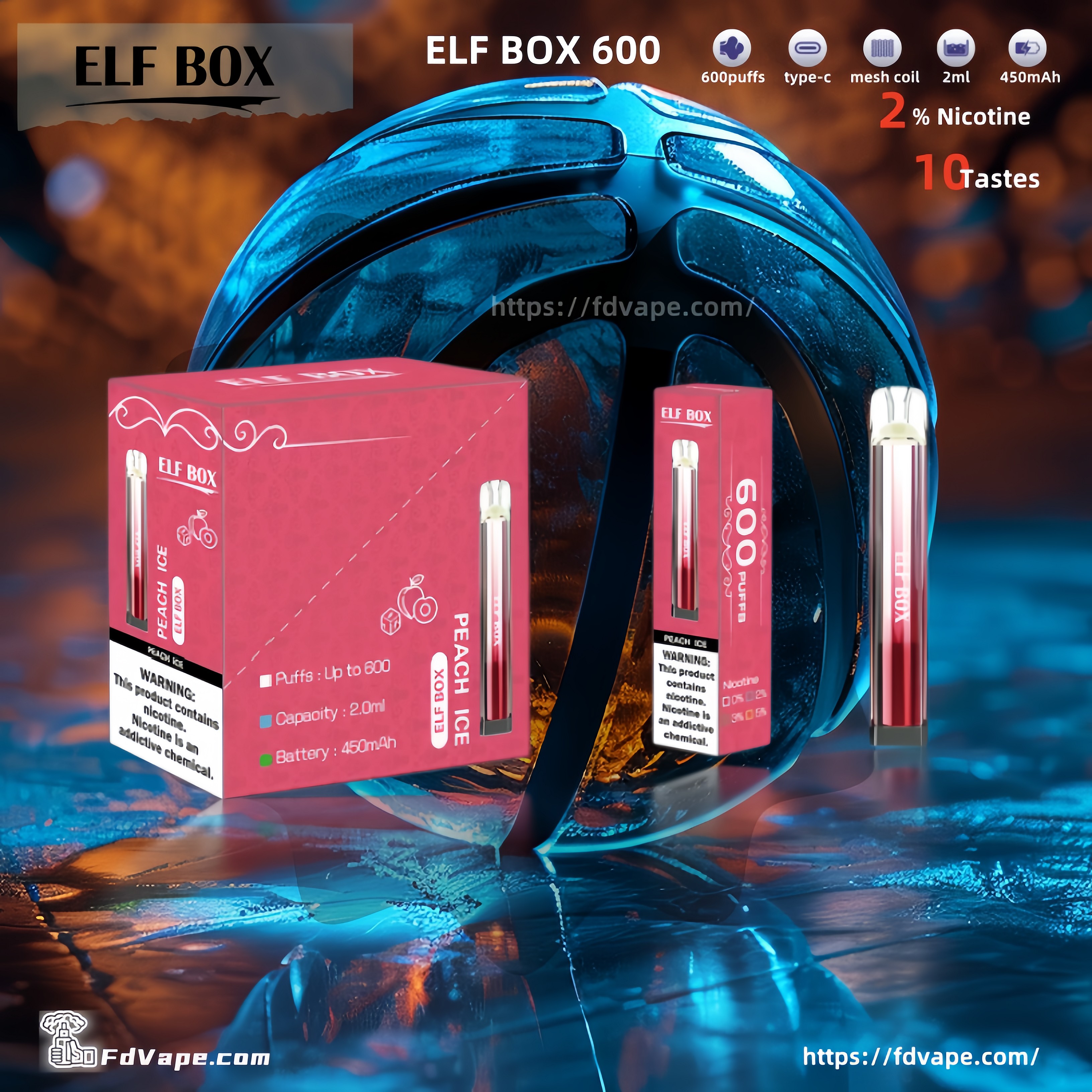 ELF BOX 600 Puffs Disposable Vape 2% Nicotine 10 Tastes Rechargeable ...