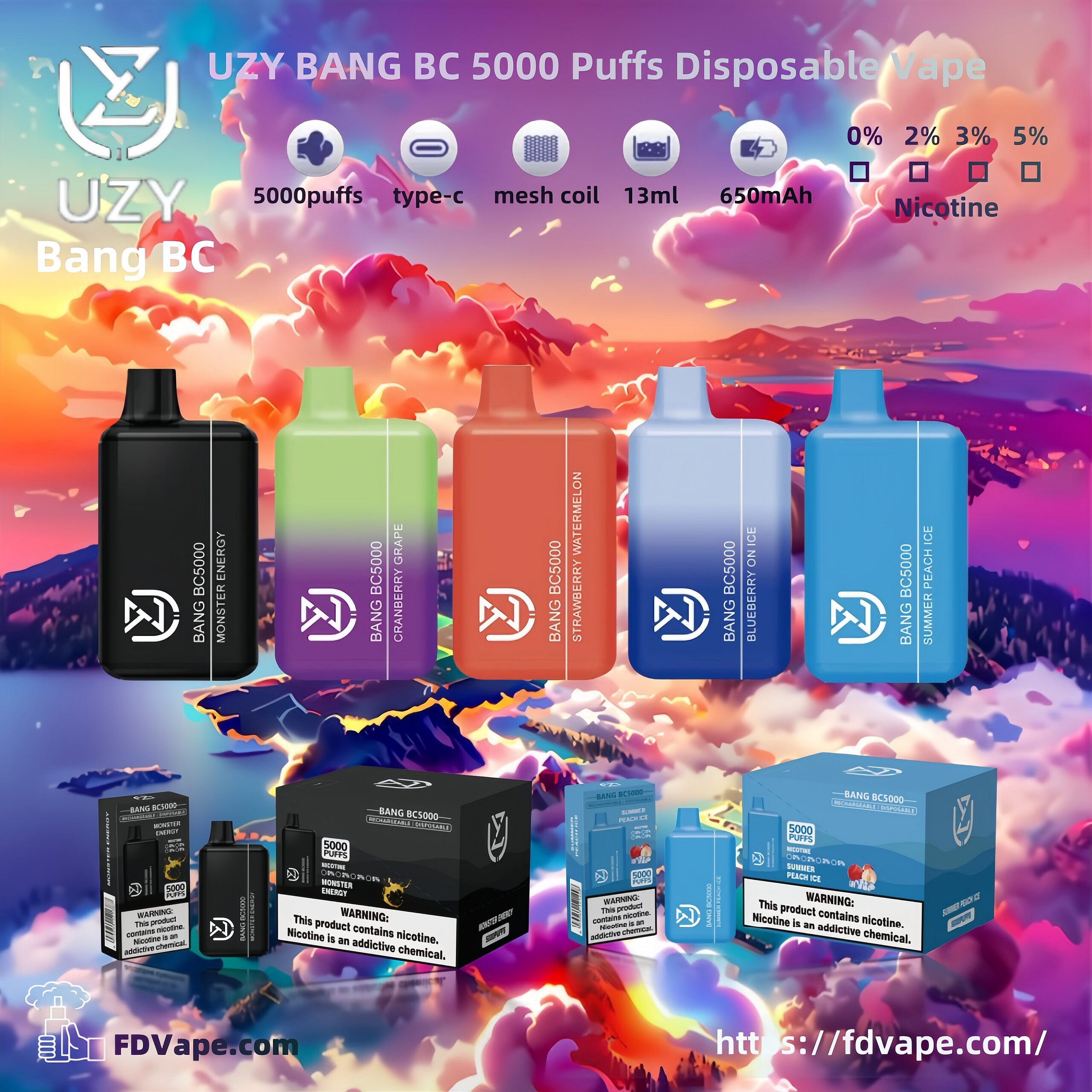 UZY BANG BC 5000 puffs Disposable Vape 0% 2% 3% 5% Nicotine 12Tastes ...