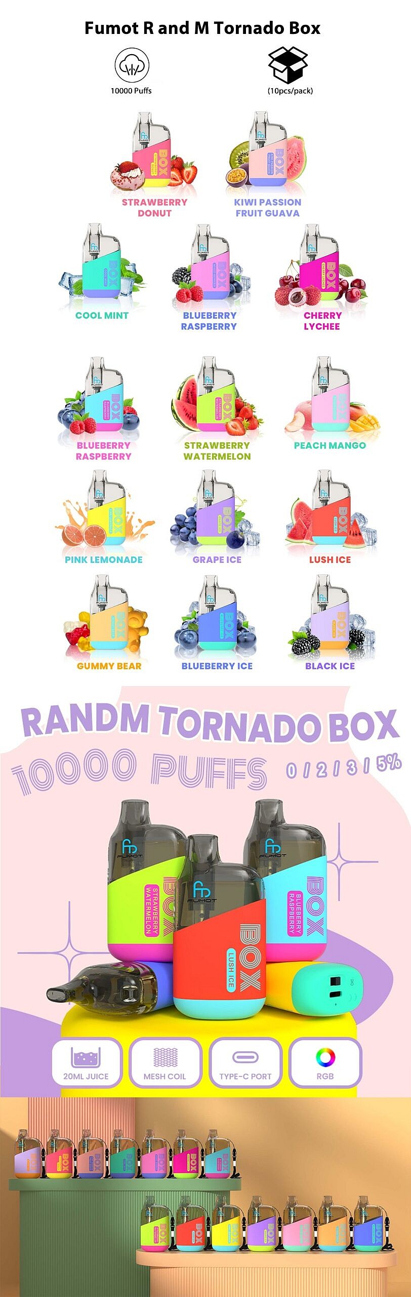 RandM Tornado Box 10000 10k Puffs Monouso Vape 2% 5% Nicotina 16 Gusti ...