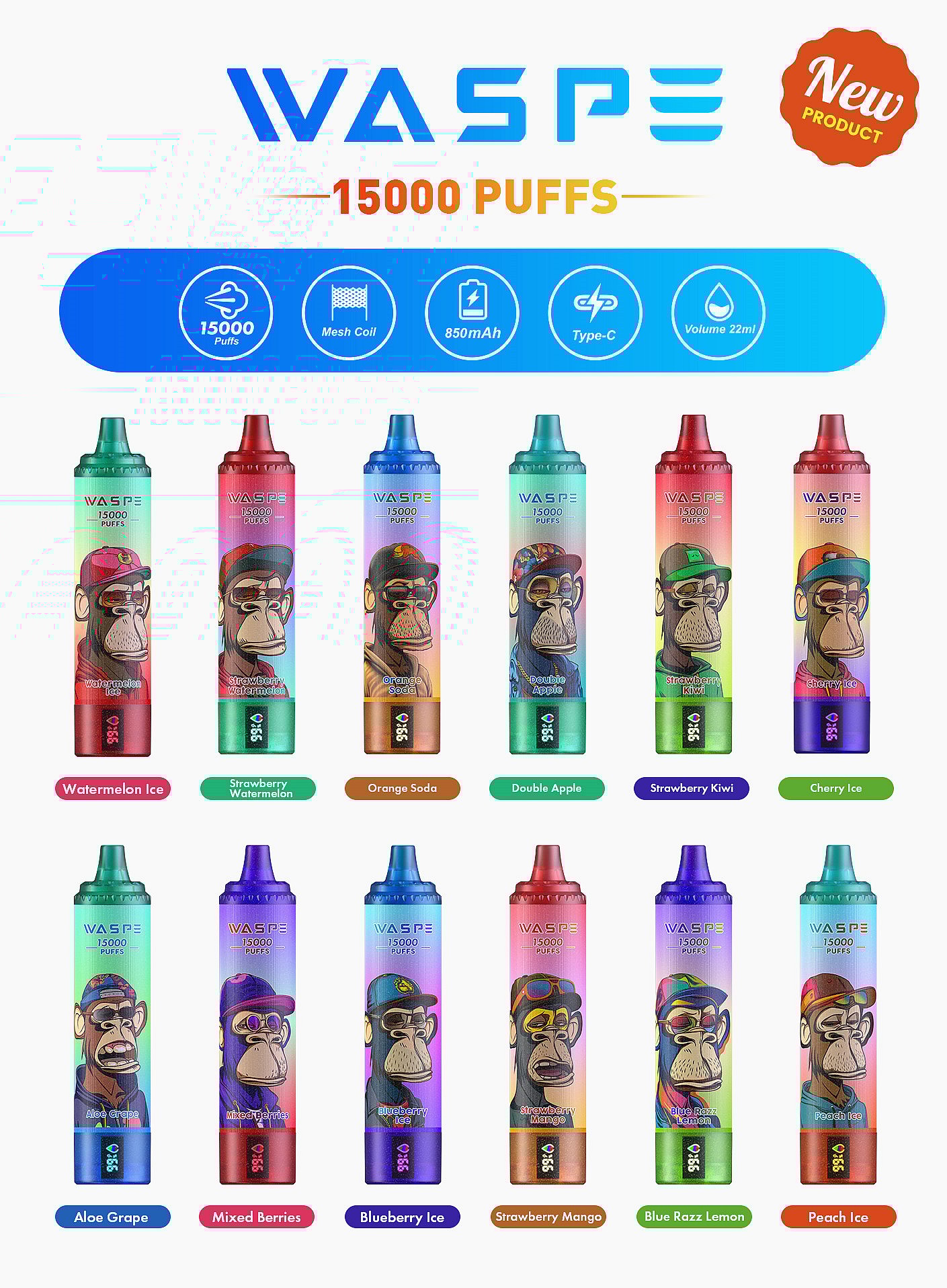 WASPE 15000 15k Puffs Disposable Vape 0% 2% 3% 5% Nicotin 12Tastes LED ...