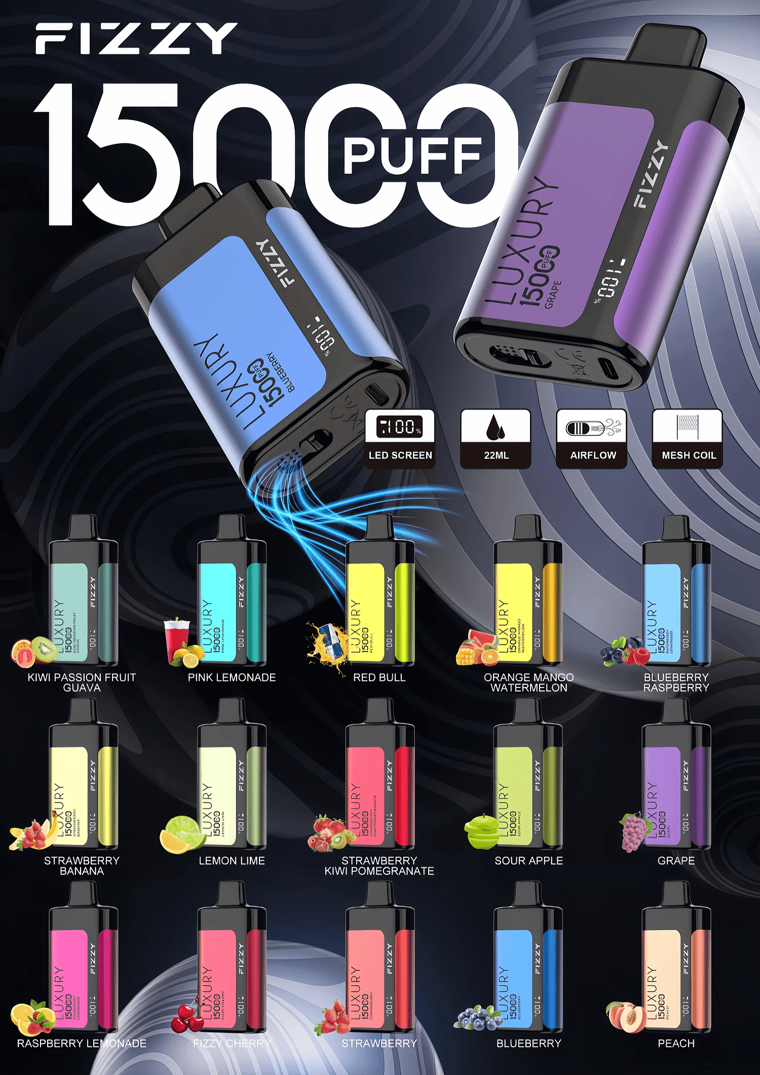 Pluma vaporizadora desechable Fizzy Luxury 15k 15000 Puffs 2% 5% ...