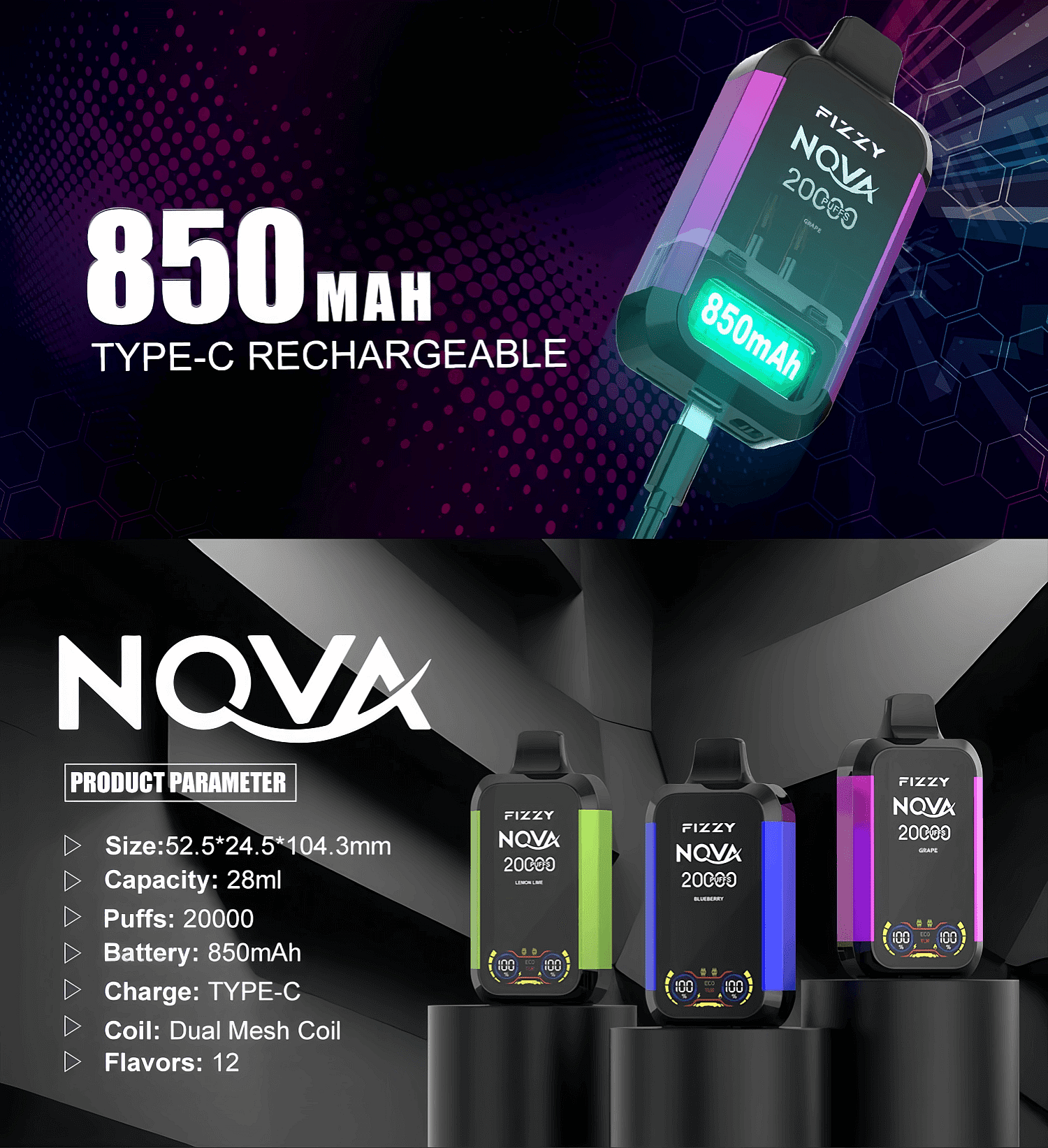 Fizzy Nova 20k 20000 Puffs Vape Pen desechable de malla doble 2% 5% ...