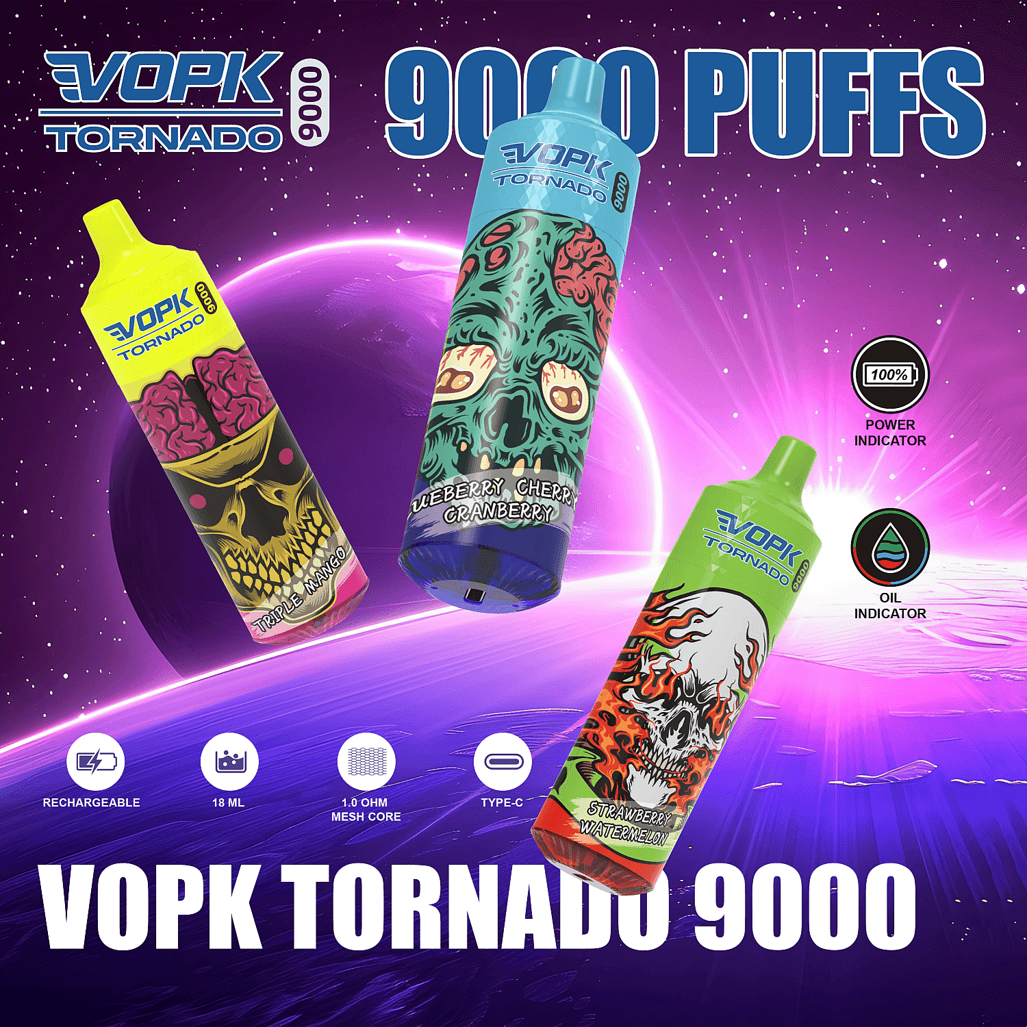 Pluma vaporizadora desechable VOPK TORNADO 9K de 9000 bocanadas 0% 2% 3 ...