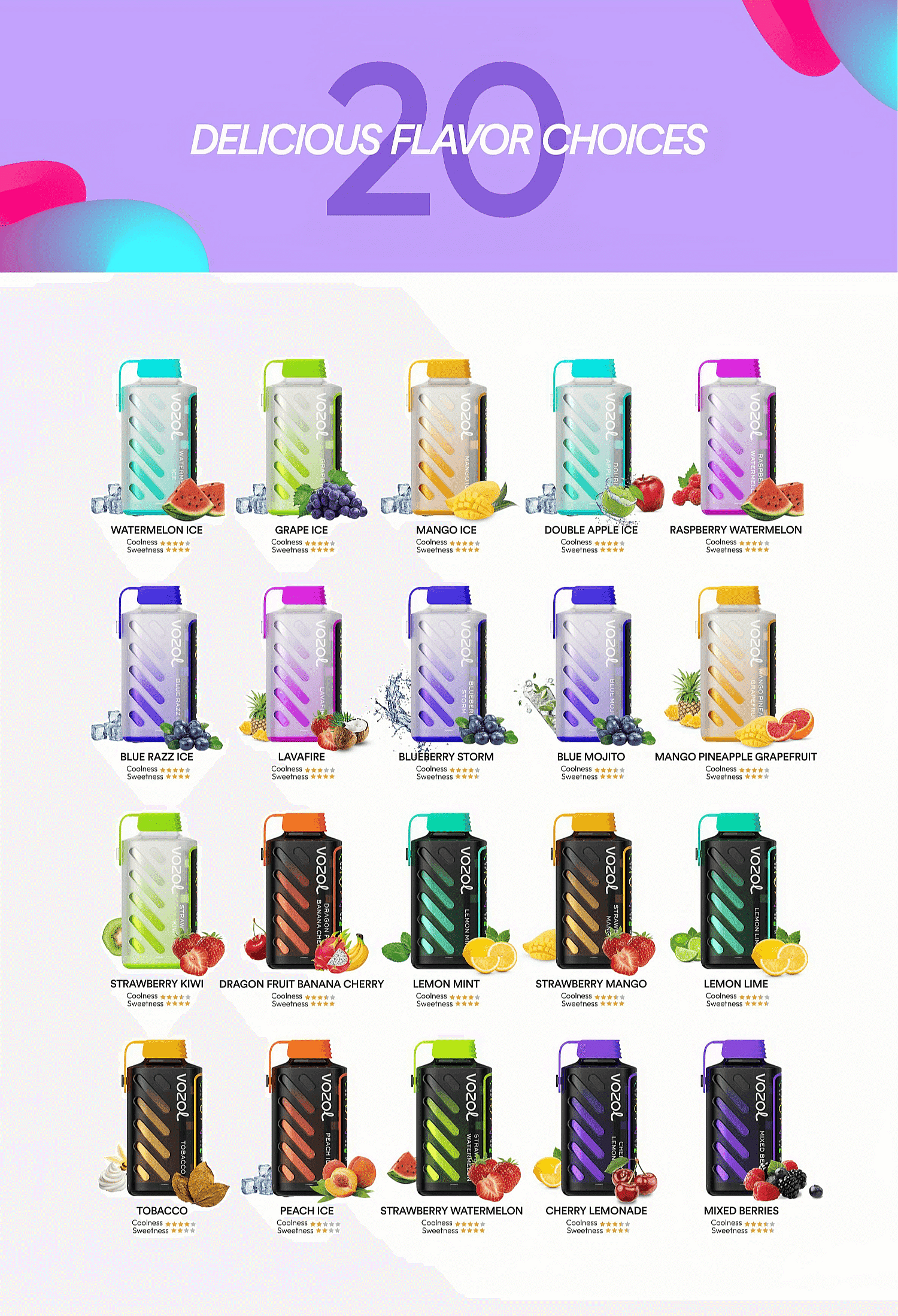 VOZOL Gear Power 20k 20000 Puffs Modo Duplo Vape Descartável 5% Nicotina 20 Sabores Display LED ...