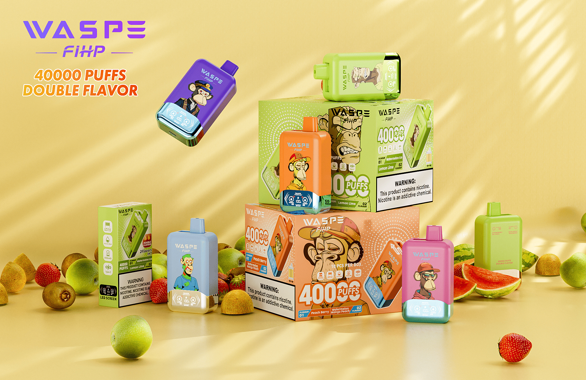 WASPE FIHP 40000 40K Puffs Doppelter Geschmack Einweg-Vape-Pen 2% 5% Nikotin 16Geschmäcker LCD ...