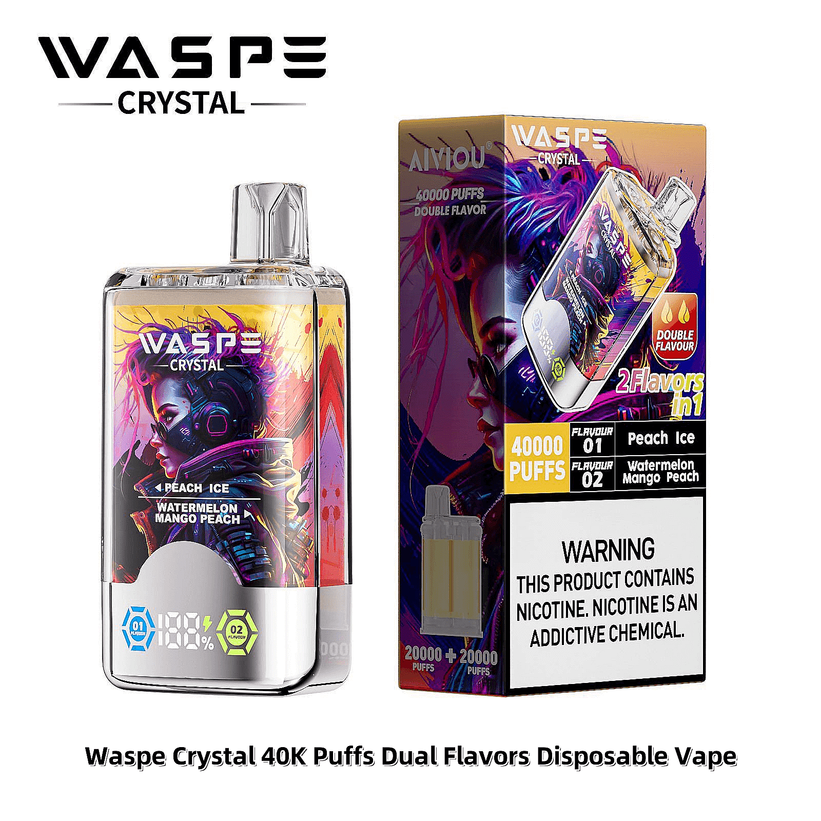 Waspe Crystal 40000 40K Puffs Dual Flavors Disposable Vape 0% 2% 5% ...