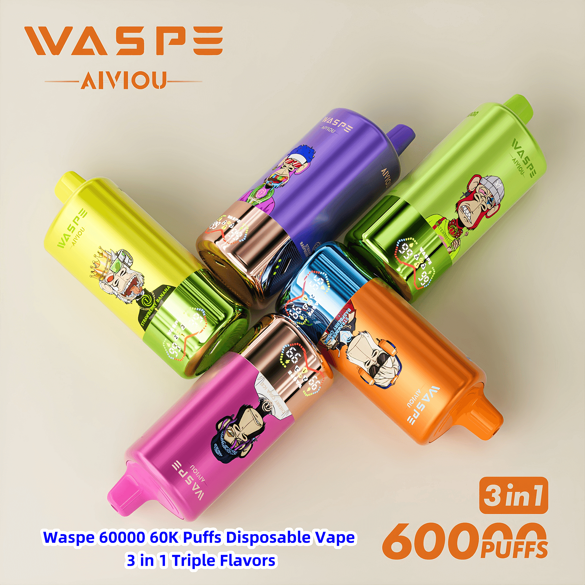 Waspe 60000 60K Puffs Disposable Vape pen 3 in 1 Triple Flavors 0% 2% 5 ...