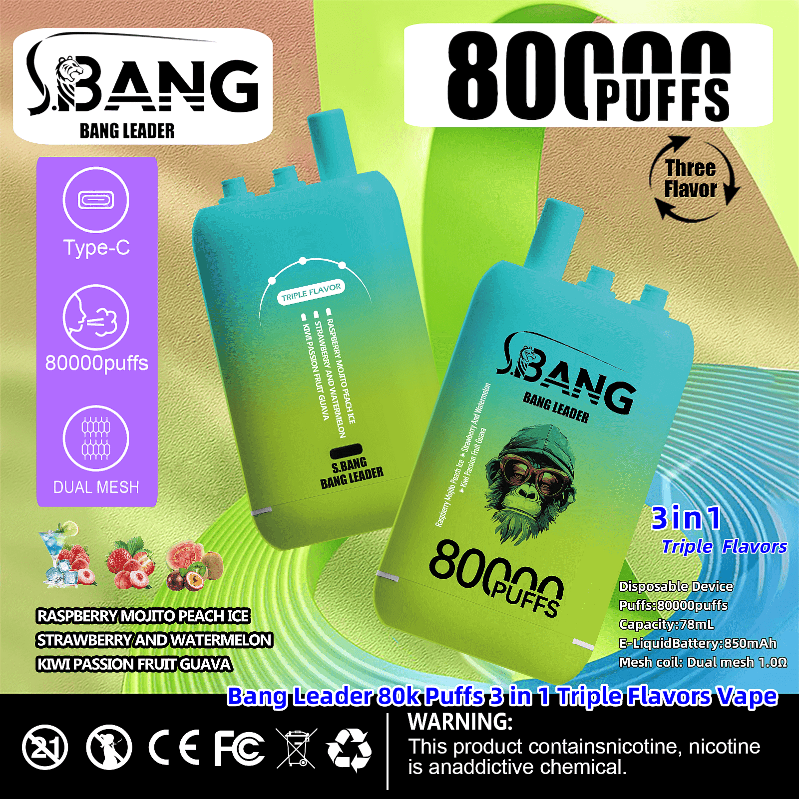 Bang Leader 80000 80K Puffs - Vape desechable 3 en 1, triple sabor (0%, 2%, 3%, 5%), nicotina ...
