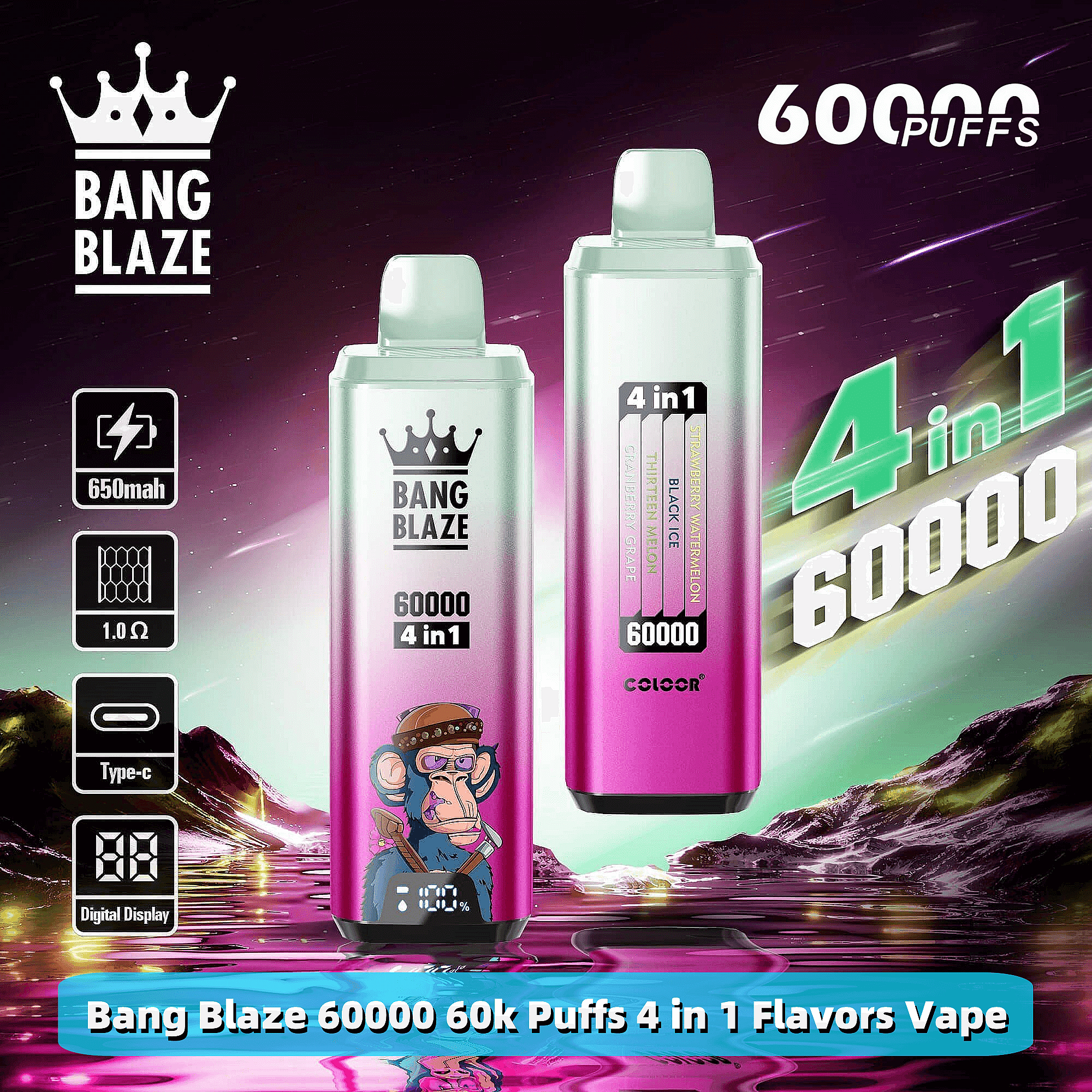 Bang Blaze 60000 60k Puffs Disposable Vape Pen 4 in 1 Flavors 0% 2% 3% ...