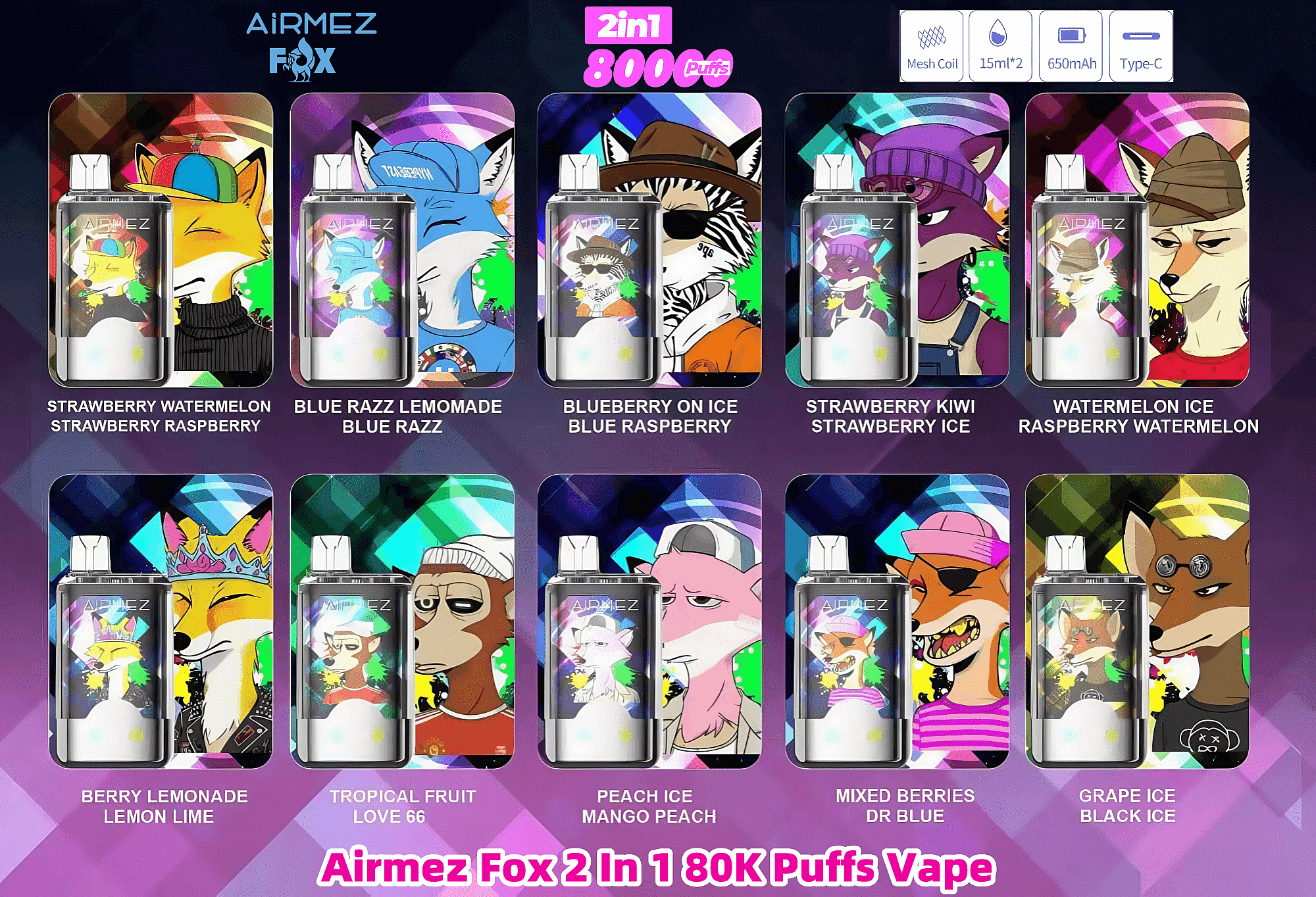 Airmez Fox 2 In 1 80000 80K Puffs Dual Flavors Disposable Vape 0% 2% 3% ...
