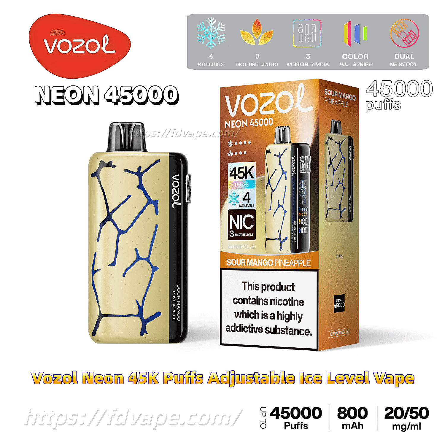 Vozol Neon 45000 45K Puffs Adjustable 4 Ice Level Disposable Vape 5% ...