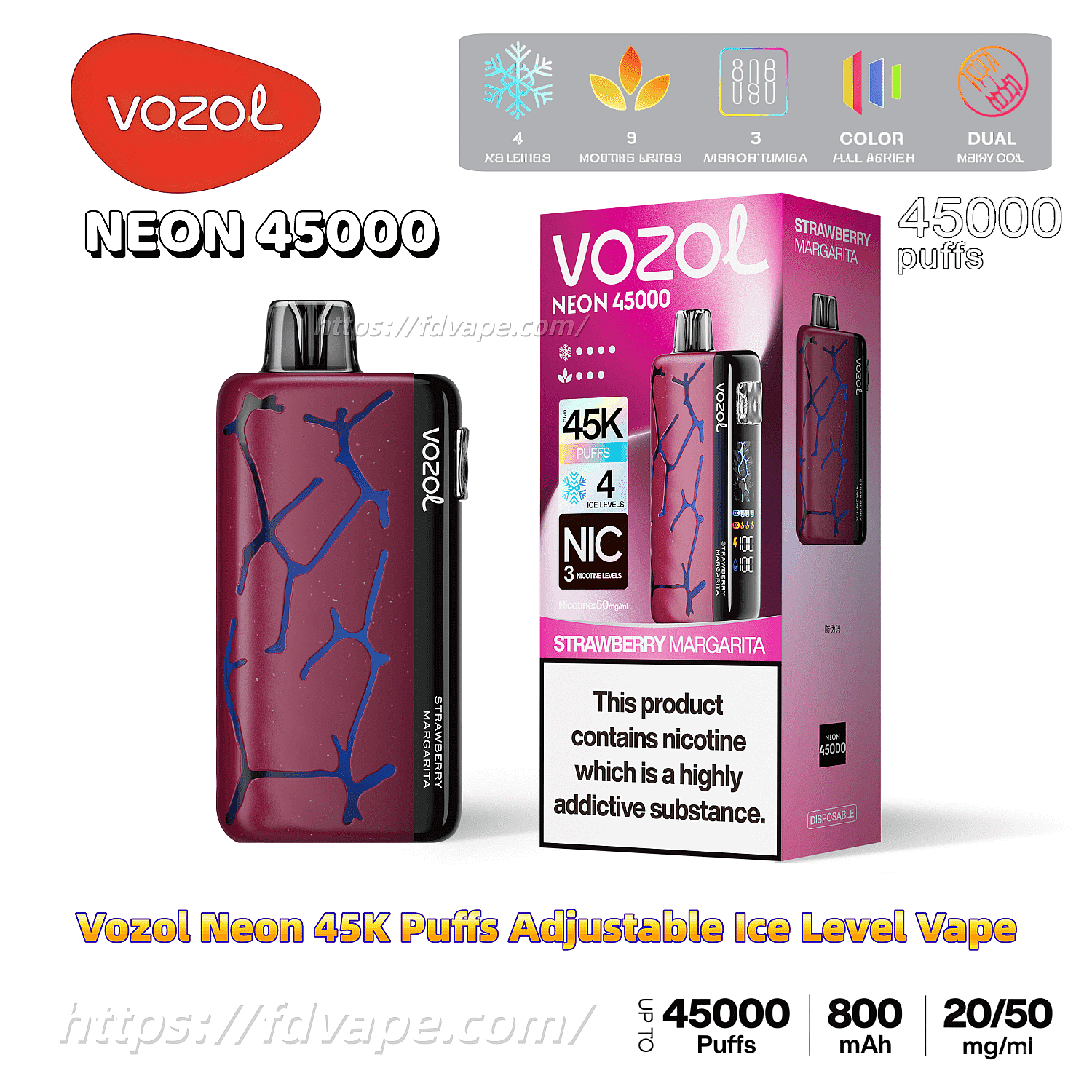 Vozol Neon 45000 45K Puffs Adjustable 4 Ice Level Disposable Vape 5% ...