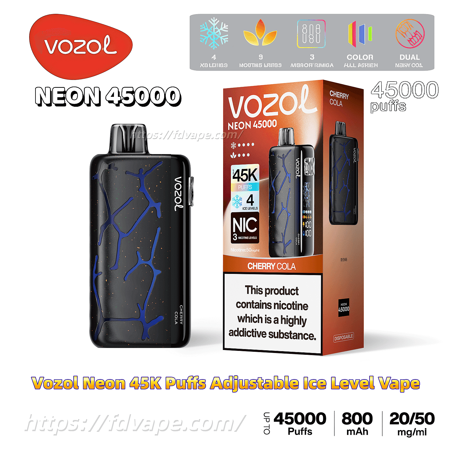 Vozol Neon 45000 45K Puffs Adjustable 4 Ice Level Disposable Vape 5% ...