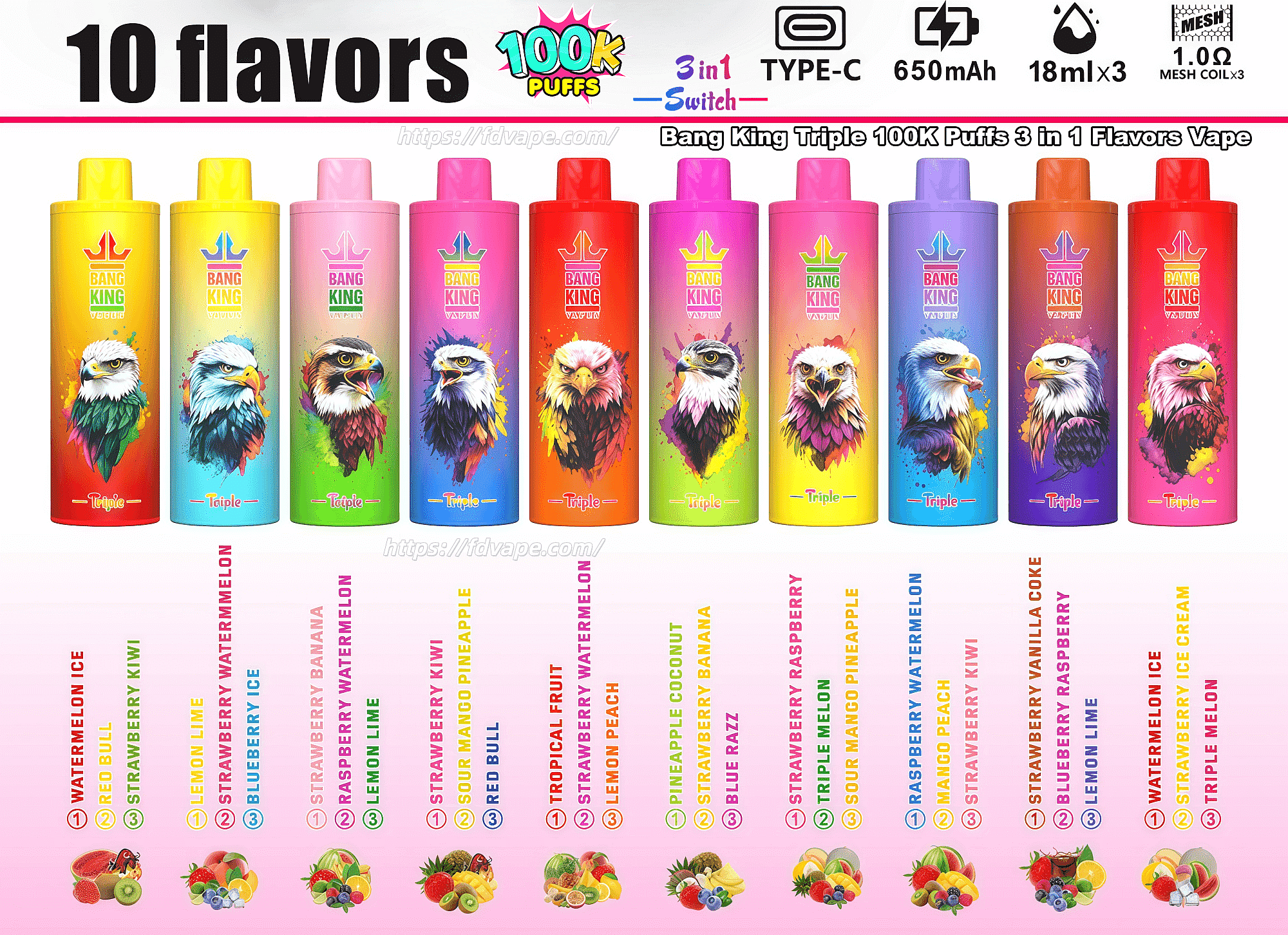 Bang King Triple 100000 100K Puffs 3 en 1 Saveurs Vape jetable 0% 2% 3% ...