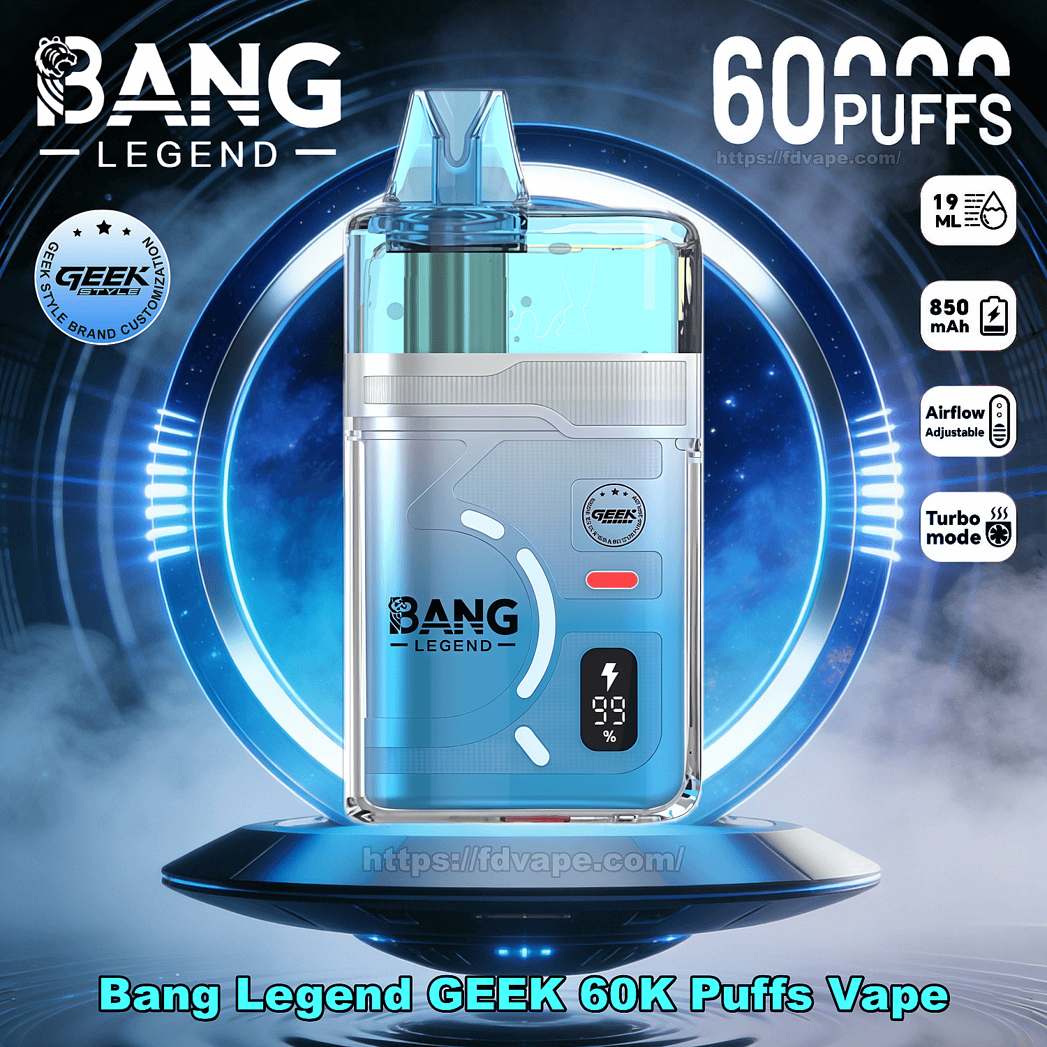 Bang Legend GEEK 60000 60K パフ 使い捨てベープ 調整可能なエアフロー 0–5% ニコチン 12 フレーバー ターボ ...