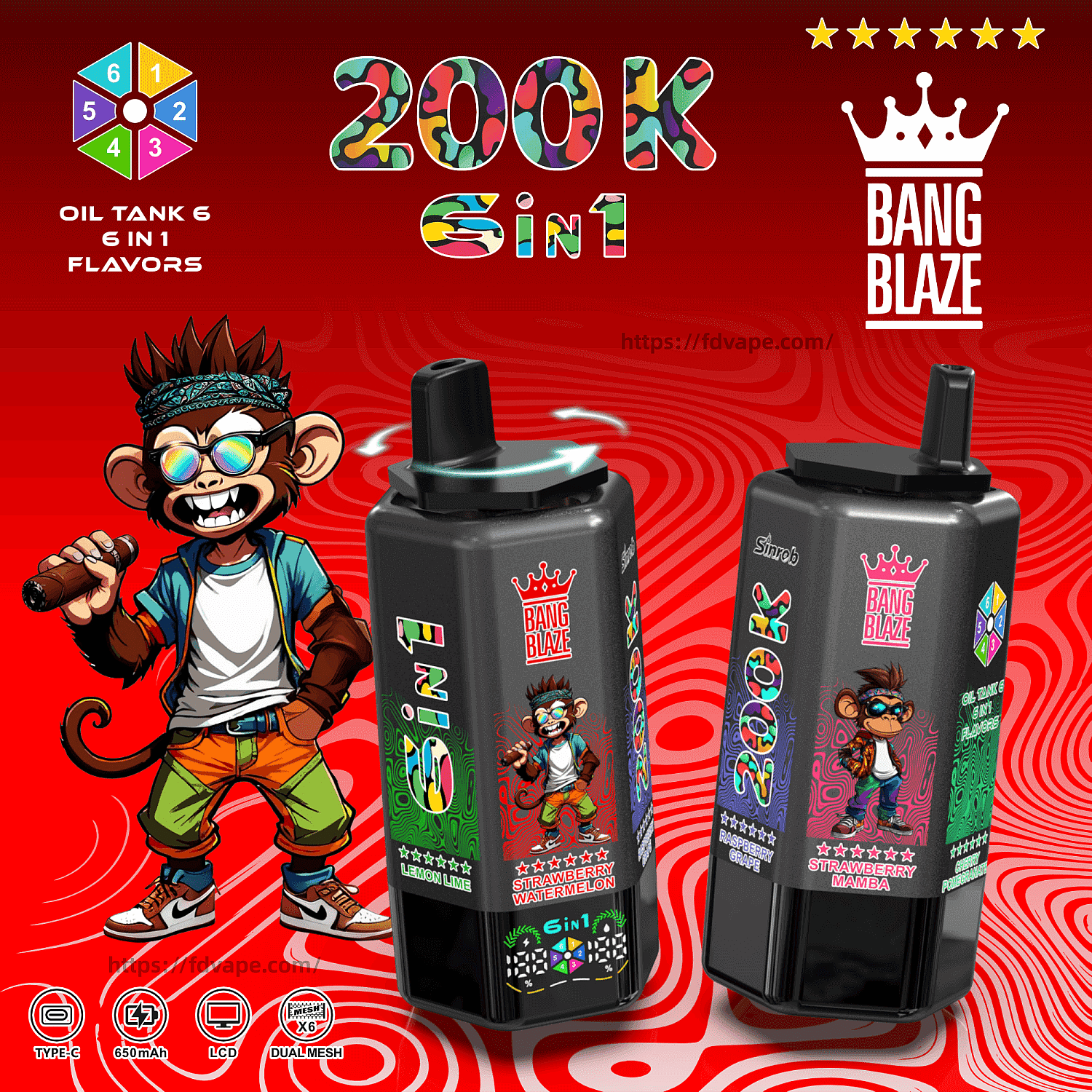 Bang Blaze 200000 200K Puffs 6 in 1 Flavors Disposable Vape 0% 2% 3% 5% ...