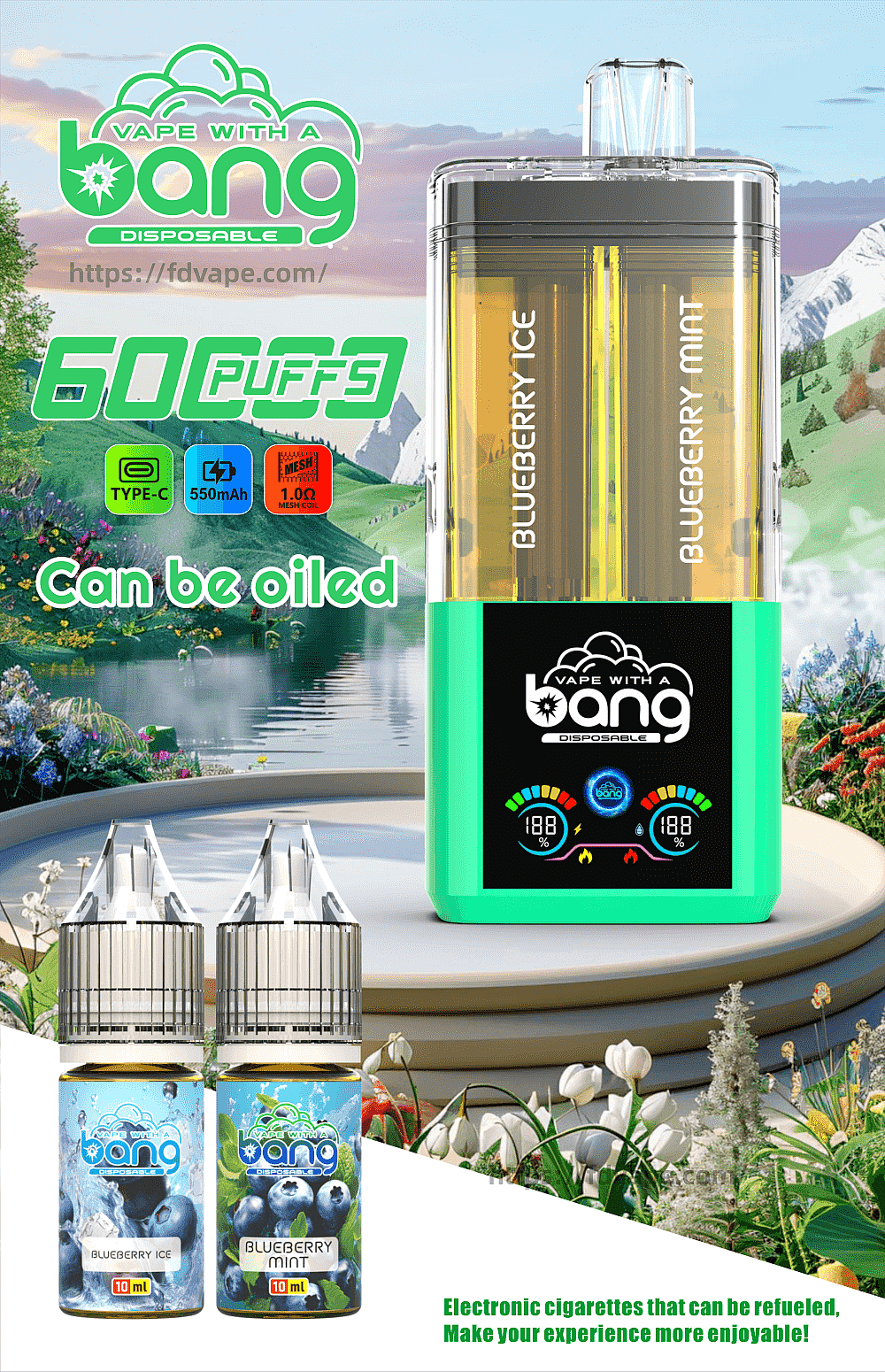 Bang Refillable 60k 60000 Puffs 2 in 1 Dual Flavors Disposable Vape 0% ...