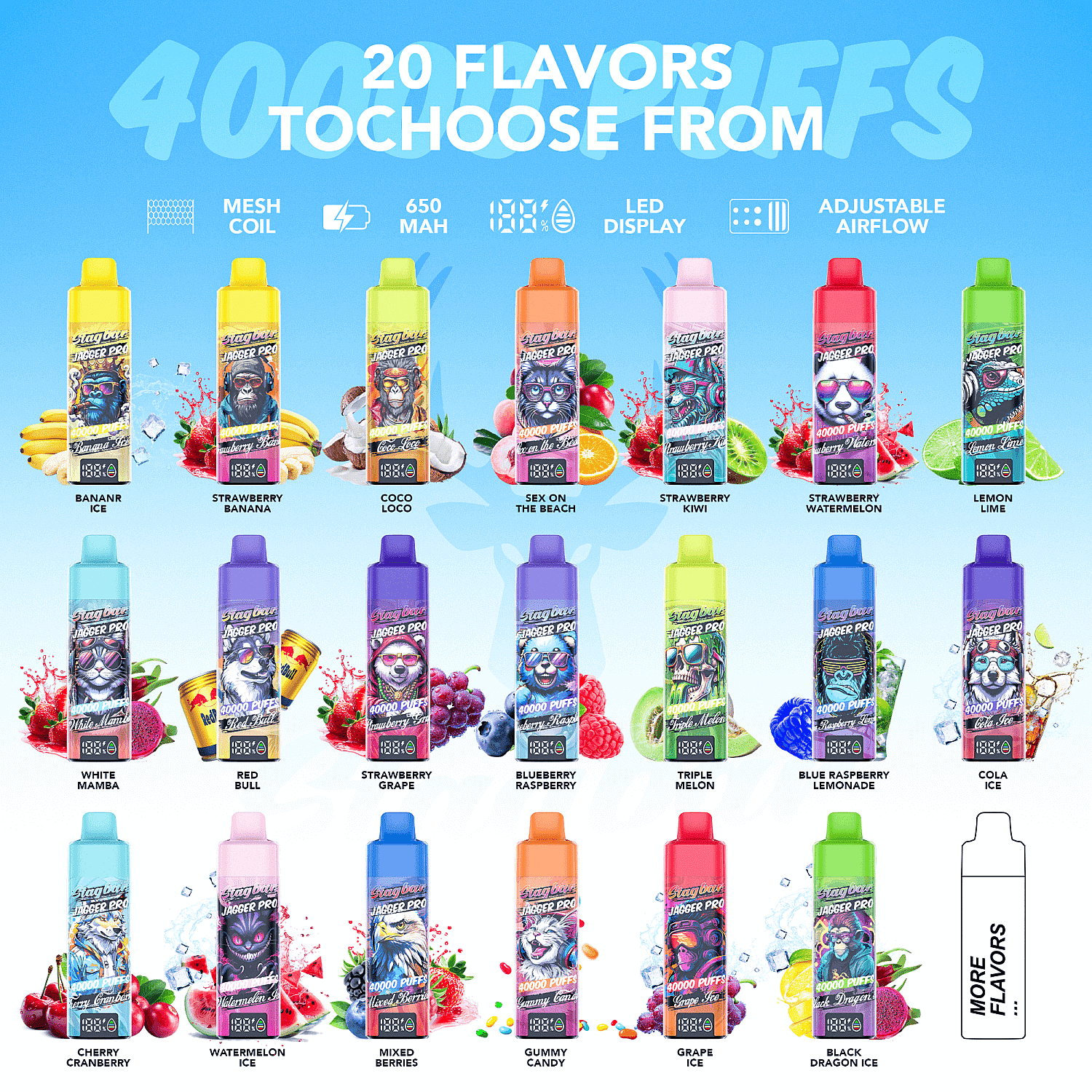 Stag Bar Jagger Pro 40000 40K Puffs Vape jetable Débit d'air réglable 2 ...