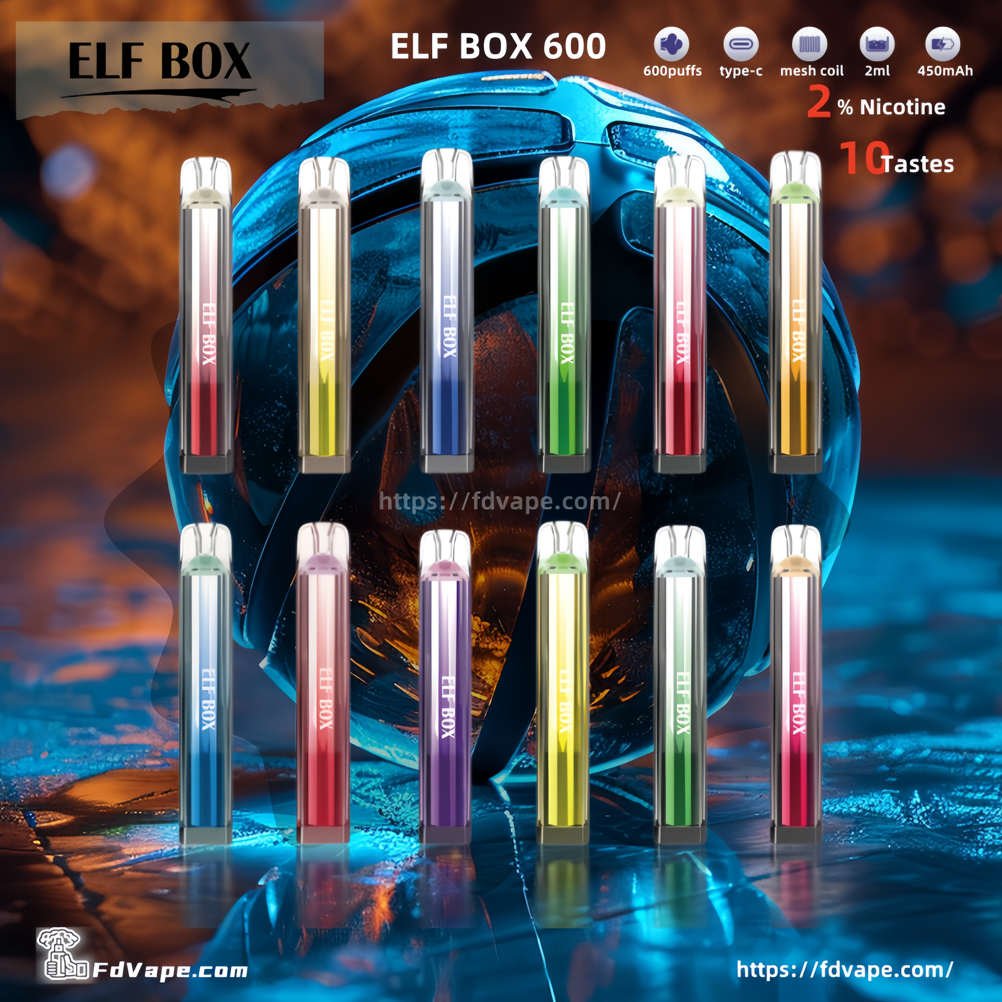 ELF BOX 600 Puffs Disposable Vape 2% Nicotine 10 Tastes Rechargeable ...